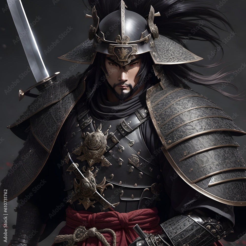 A Japanese samurai with a cold sharp gaze, wearing a black armor and ...