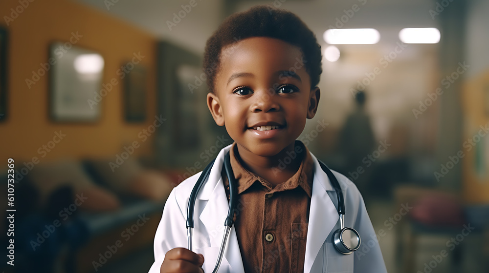 Cute small african american kid boy wear medical uniform glasses ...