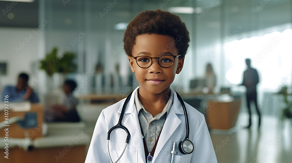 Cute small african american kid boy wear medical uniform glasses ...