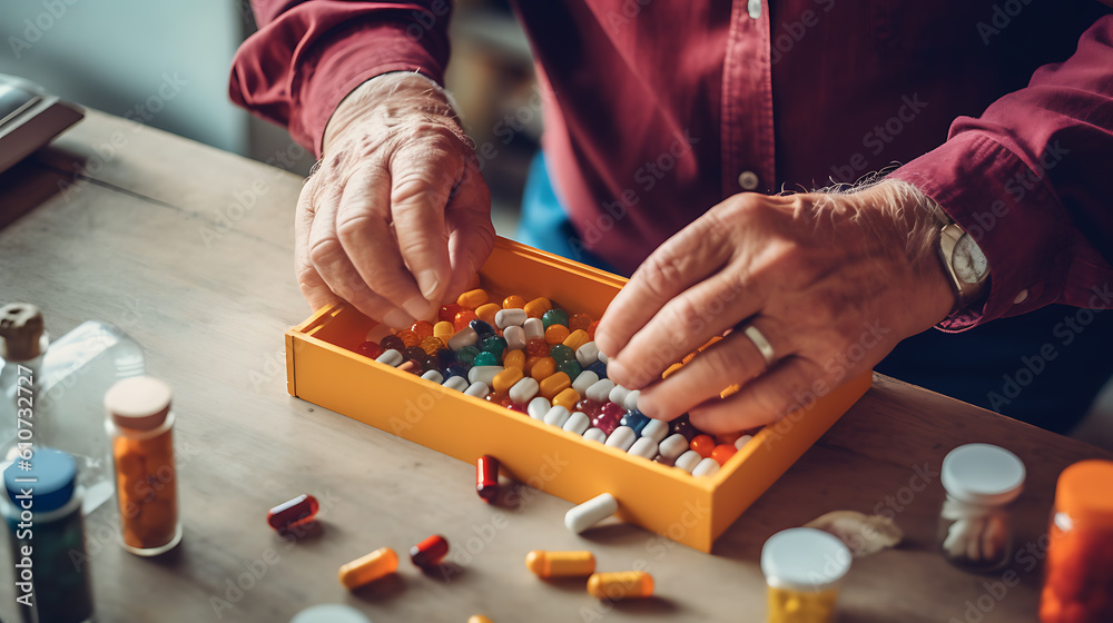 Senior man organizing his medication into pill dispenser. Senior man ...