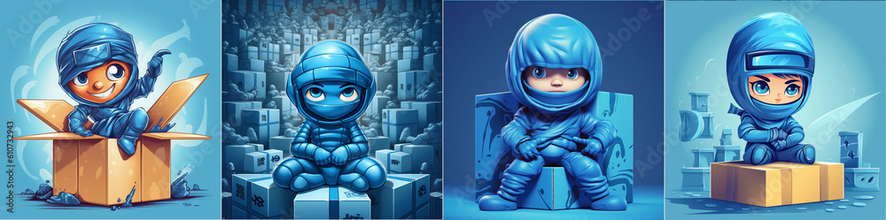 Little ninja boy in a blue ninja suit as the protagonist Box factory as ...