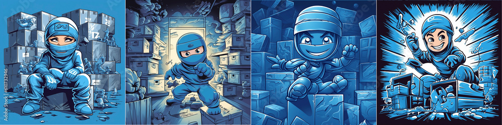 Little ninja boy in a blue ninja suit as the protagonist Box factory as ...