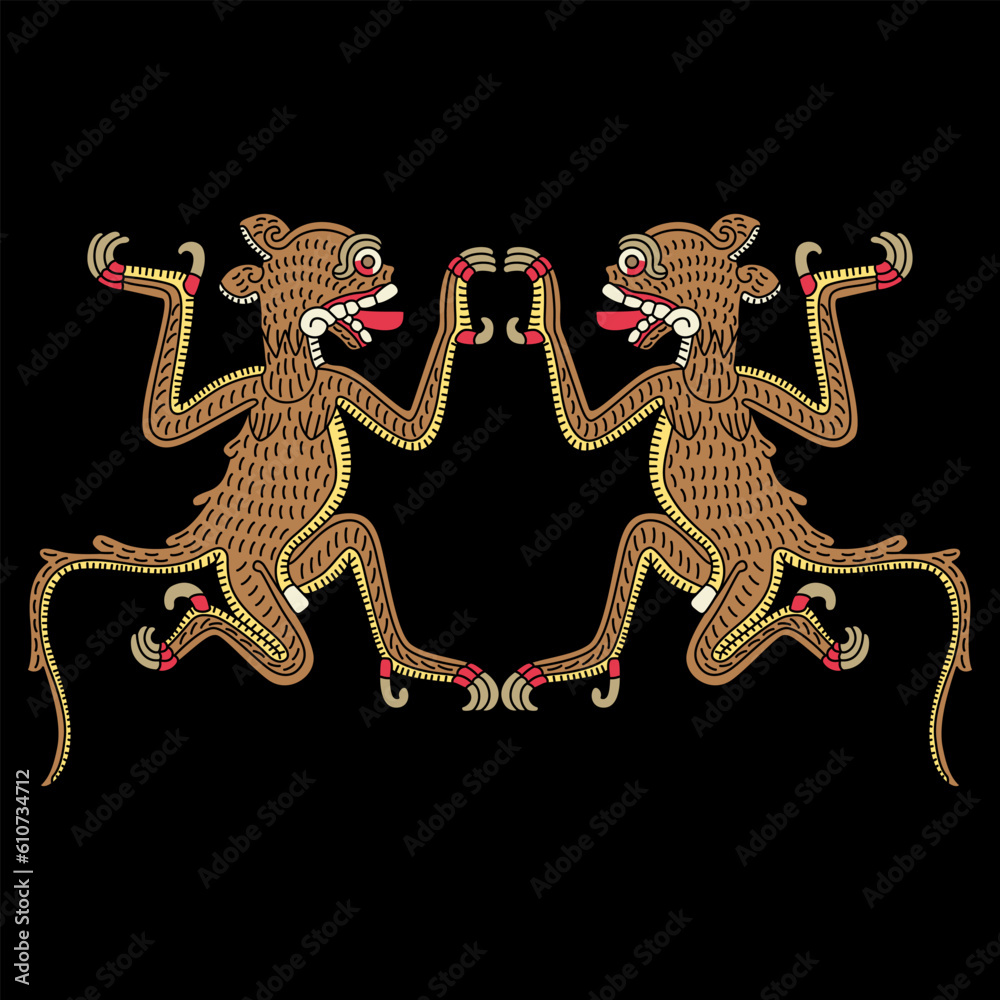 Symmetrical animal design with two stylized jaguars. Native American ...