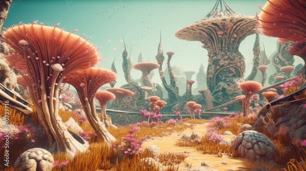 Alien landscape with bizarre rock formations, strange plants, and ...