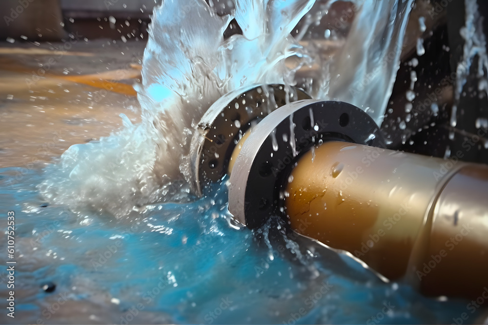 Breakthrough of the main water supply with water fountain on the ...