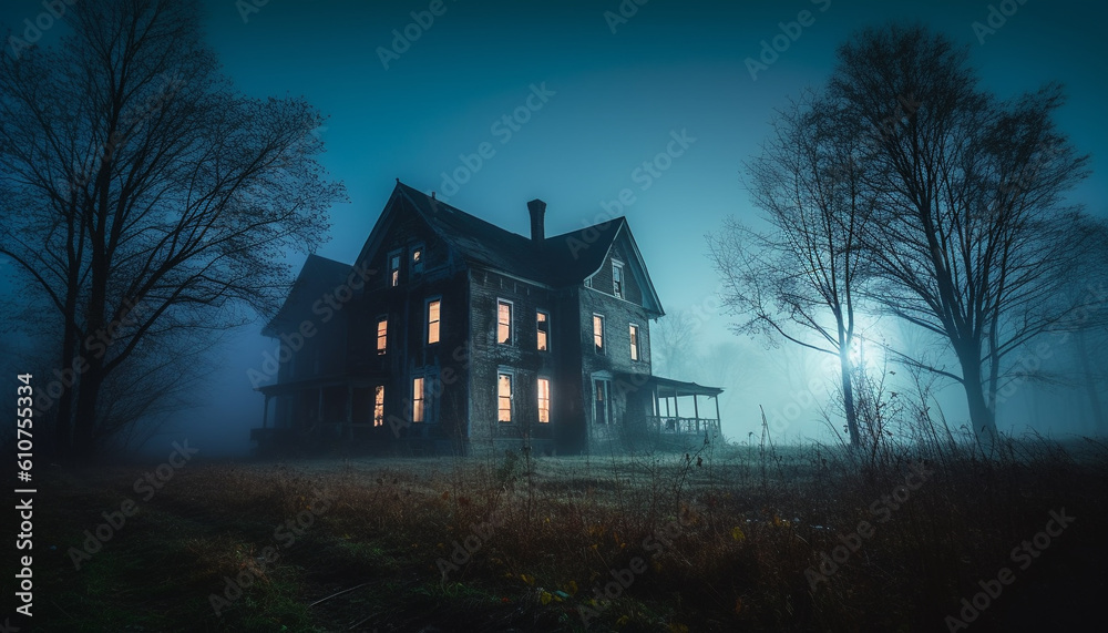 Spooky night in dark outdoors, tree horror in nature abandoned rural ...