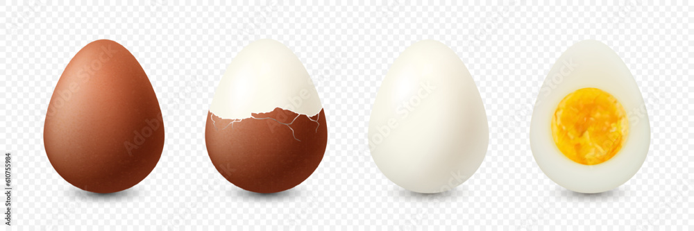 Vector 3d Realistic Brown Chicken Eggs. Textured Whole, Cracked Broken, Peeled Boiled Chicken ...