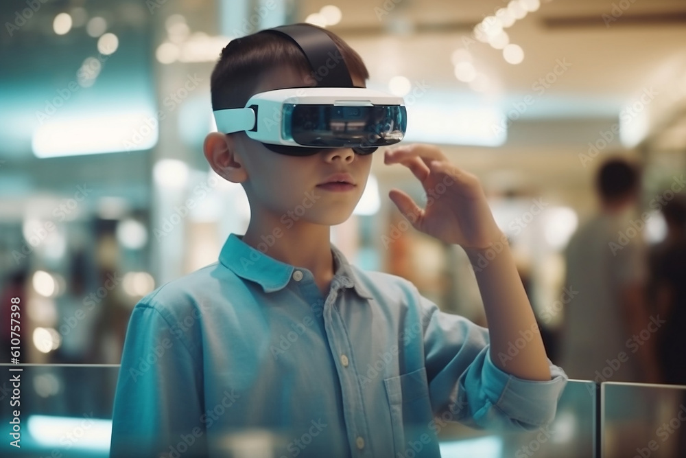 Teenage boy watching and wearing virtual reality goggles in mall. Adult ...