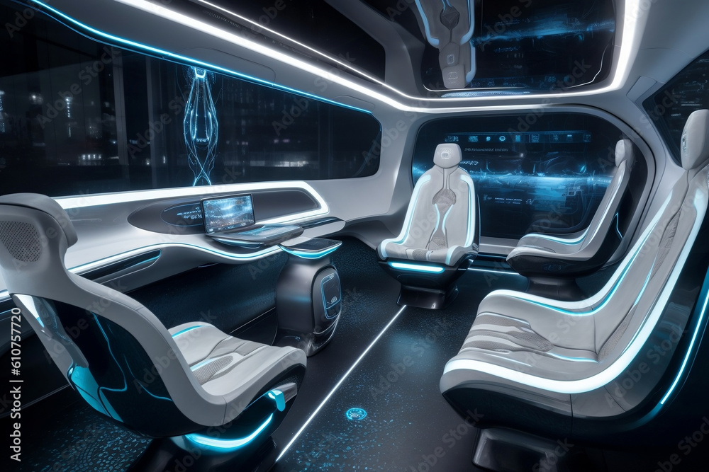 Black driverless car interior with futuristic dashboard for autonomous ...