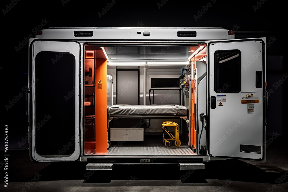 View of compact ambulance van with open doors. Emergency medical ...