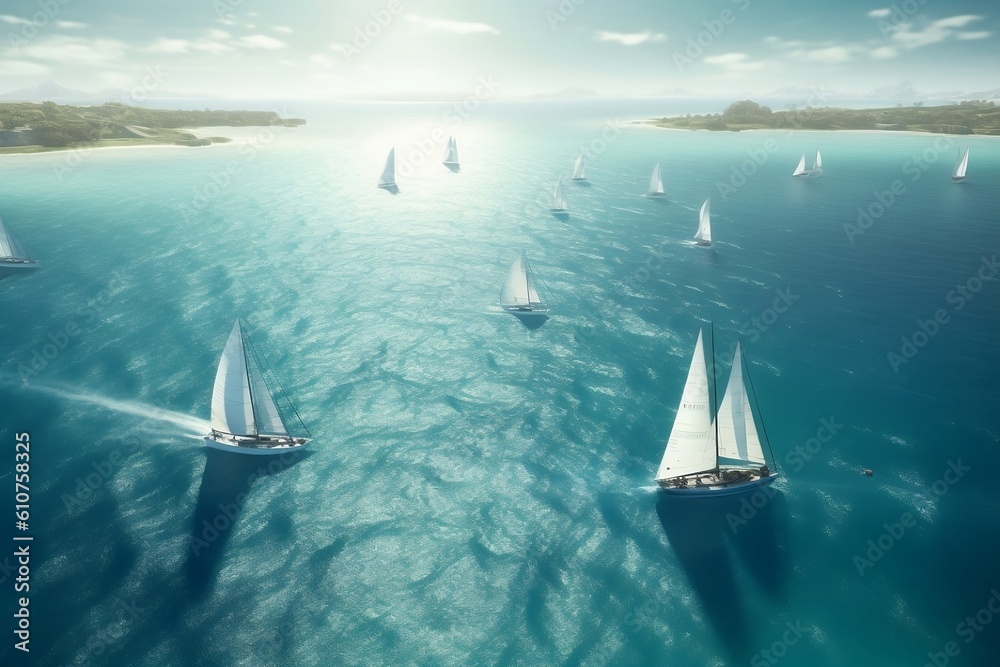 Sailboat regatta swimming in the sea waters over beautiful big ...