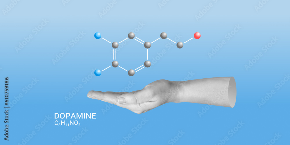 Dopamine neurotransmitter molecule. Skeletal dopamine formula over the ...