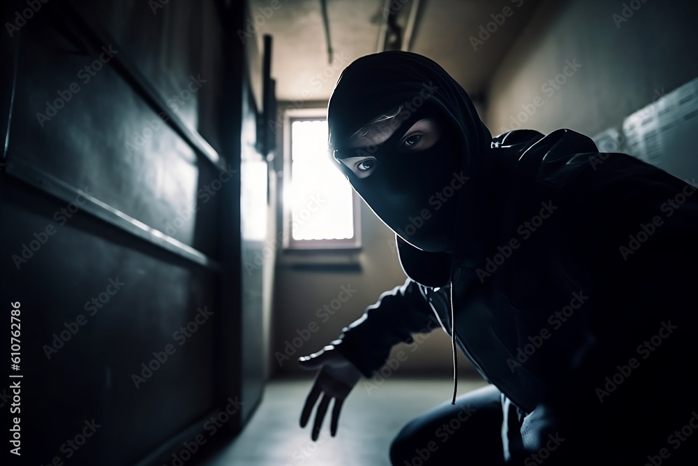 Dangerous aggressive robber man standing in a room in mask and hood ...