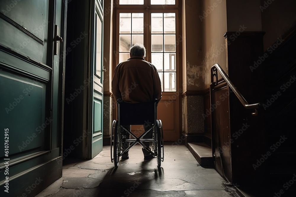 Disabled senior person back view sitting on wheelchair in front of ...