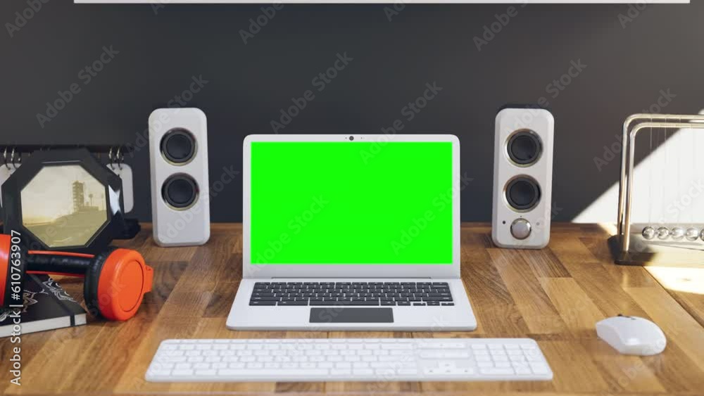 Laptop in a modern work from home office, Green Screen, Chroma key for ...