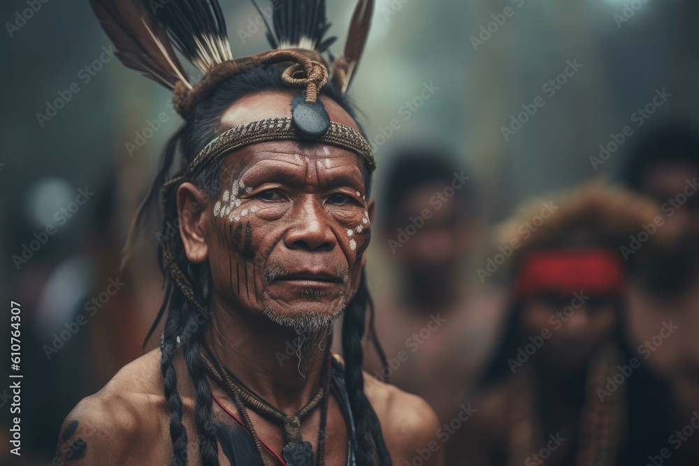 Portrait of indigenous tribe man. Traditional Indian with painted faces ...