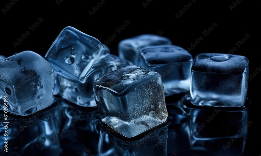 a group of ice cubes sitting on top of a reflective surface with water droplets on the ice and ...