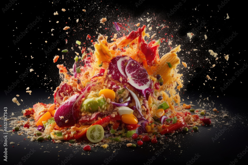Explosion of taste, food explodes and scatters, cooking concept, AI ...
