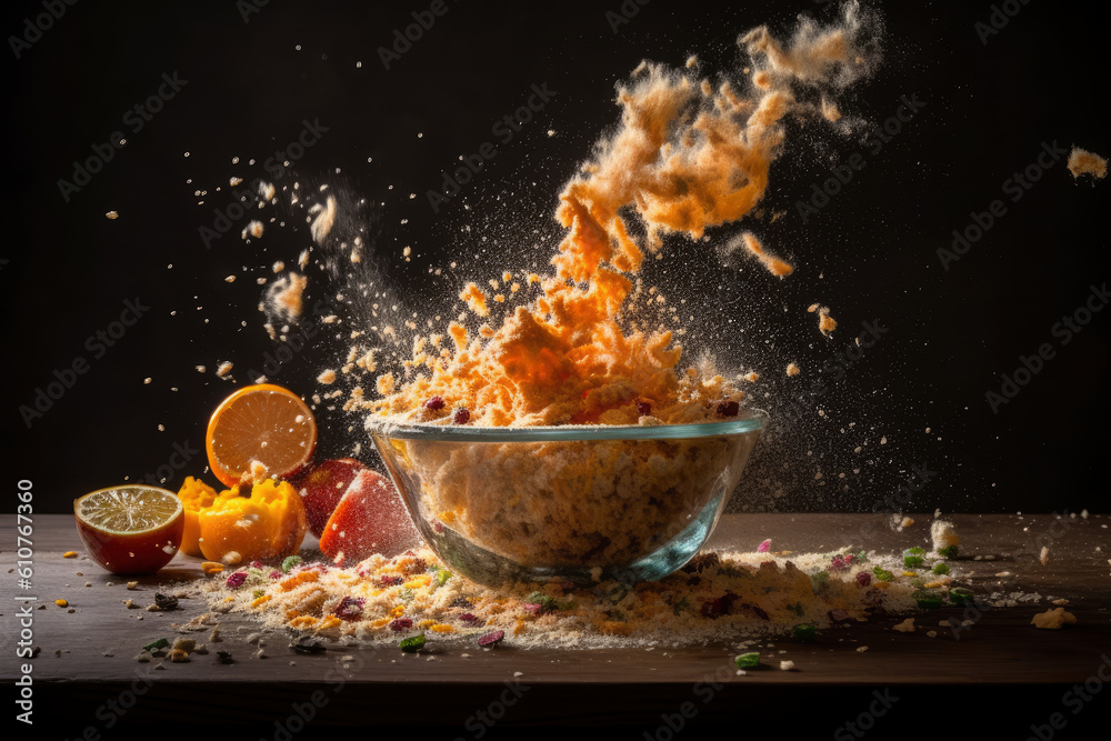 Explosion of taste, food explodes and scatters, cooking concept, AI ...