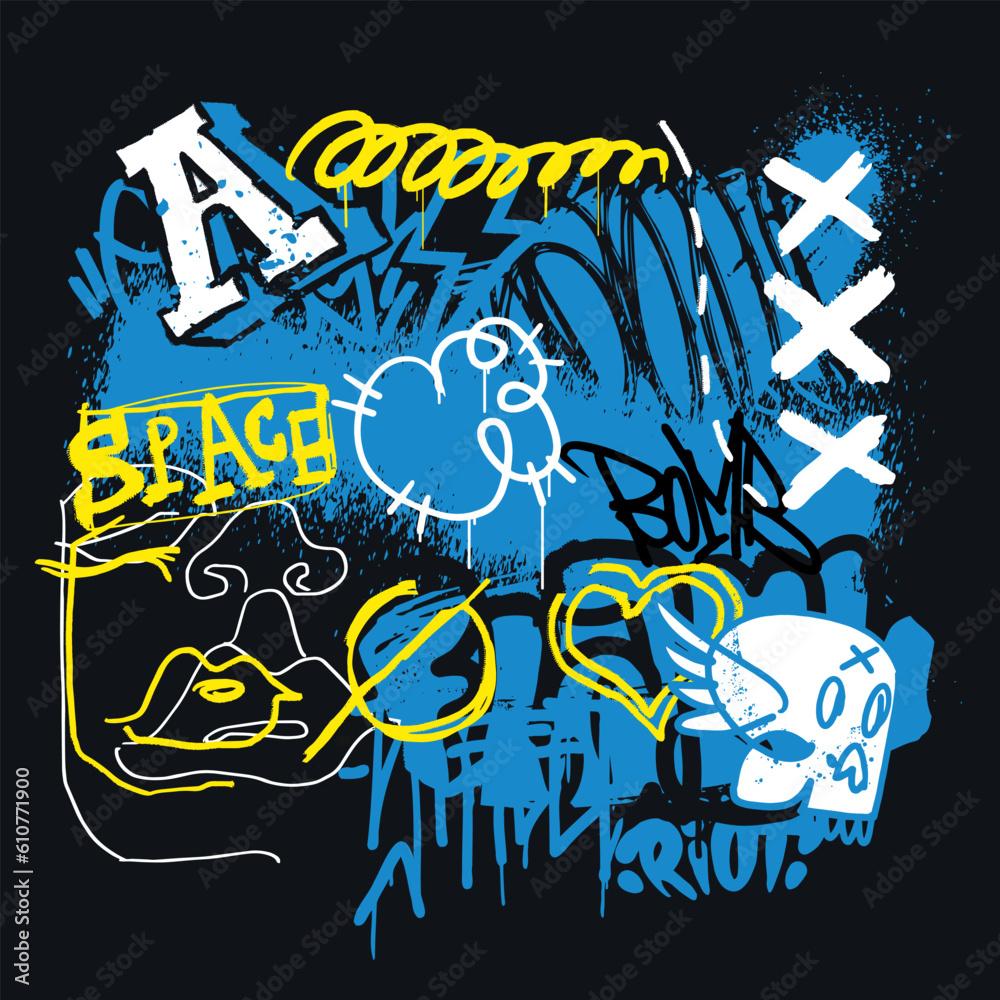 Abstract street art graffiti print with tags, drawings, inscriptions ...