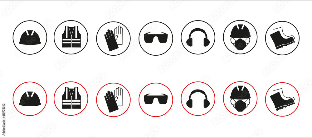 Conjunto de iconos de equipo de protección para el trabajo sobre un ...
