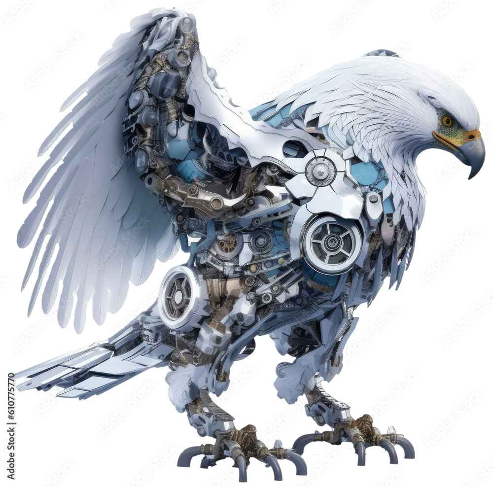 Robot bald eagle as mechanical cyber animal isolated on a white ...