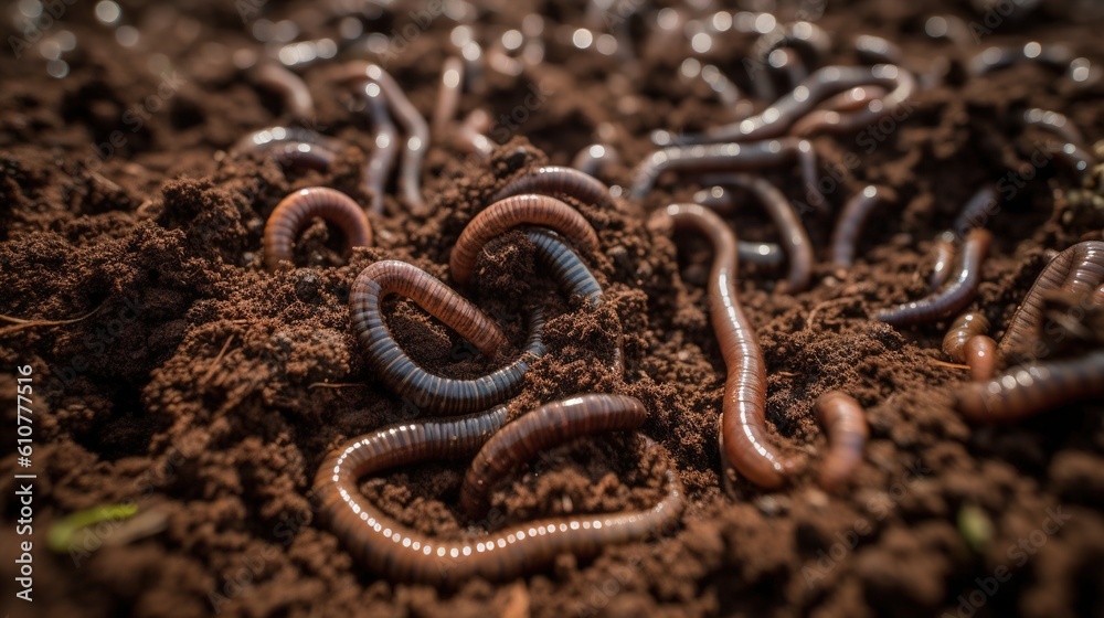 Earthworms in the ground close up. Fertilizers and compost. AI ...