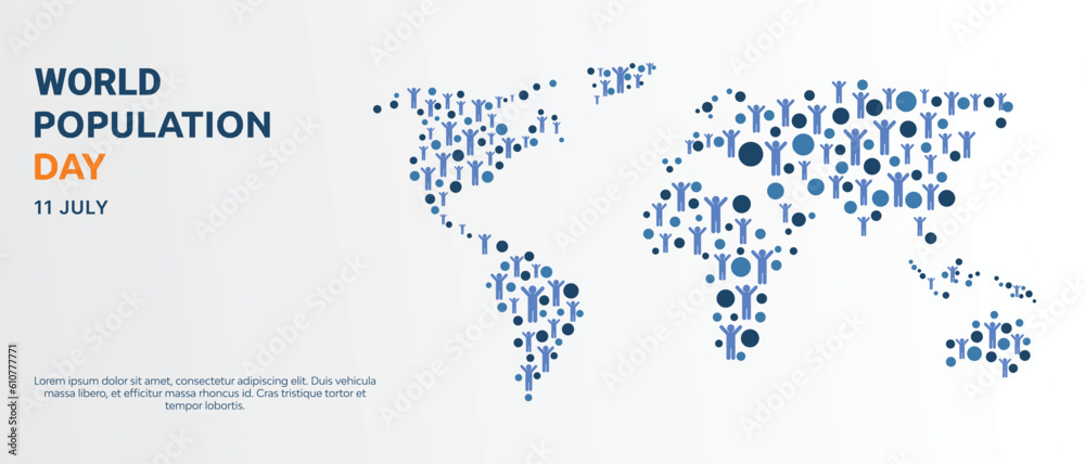 World Population Day, with group of silhouette people raise arms stand ...