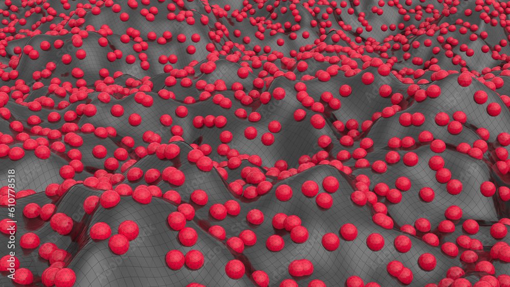 3d abstract tech background with a dynamic wave, red sphere liquid ...