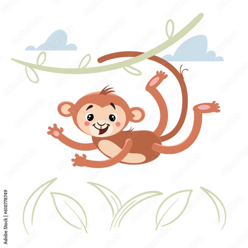 Cute childish cartoon little monkey jumping in jungle. Simple toddler ...