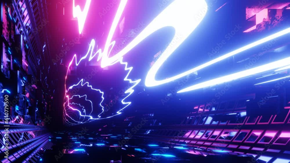 Vídeo do Stock: 80's neon light style flight. Hi-tech neon sci-fi tunel ...