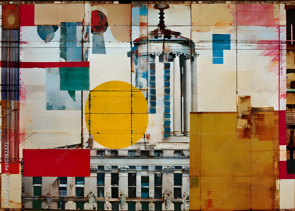 Abstract modern collage and mixed media architecture themed painting ...