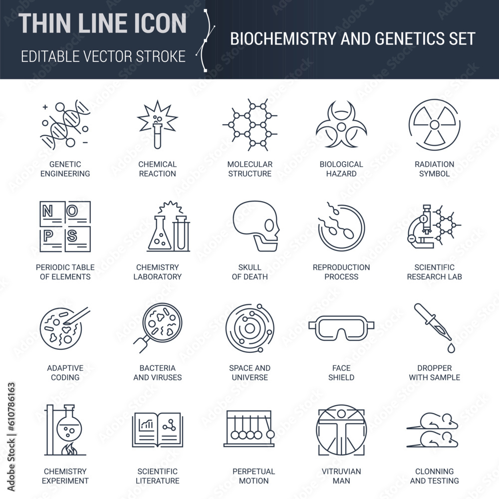 Biochemistry and Genetics Icons Set. Intelligent Symbol Collection with ...