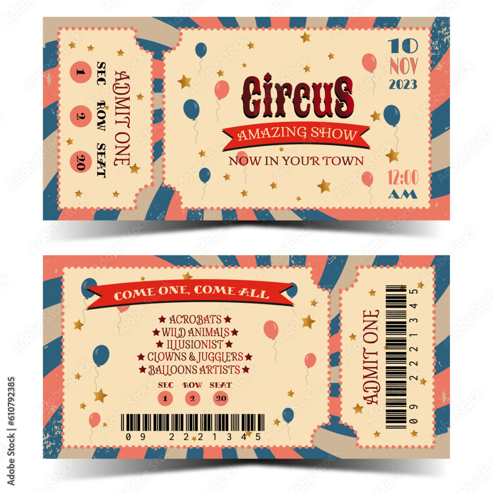 Circus ticket template. Front and back. Carnival ticket. Ready to print ...