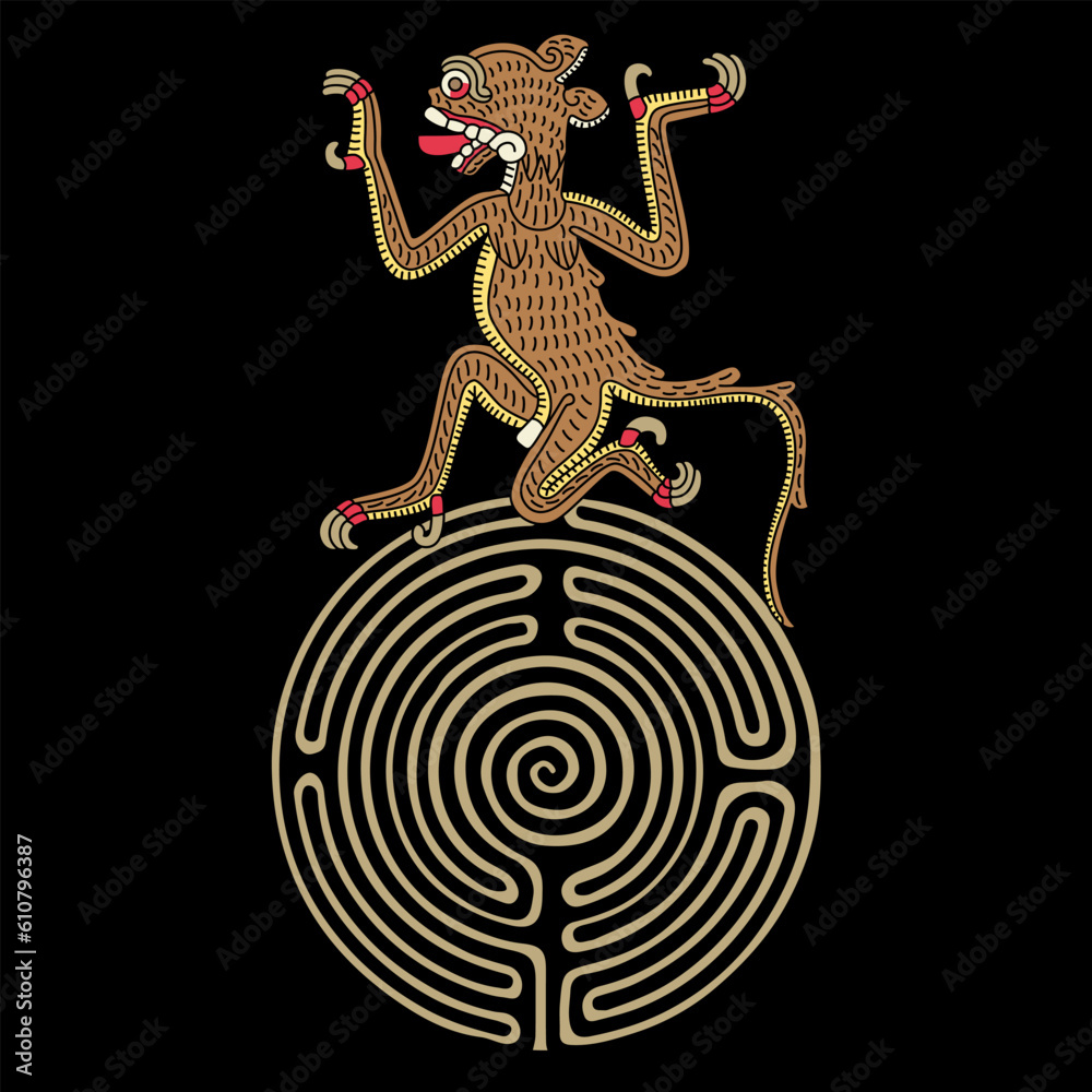 Stylized jaguar on top of a round spiral maze or labyrinth symbol ...
