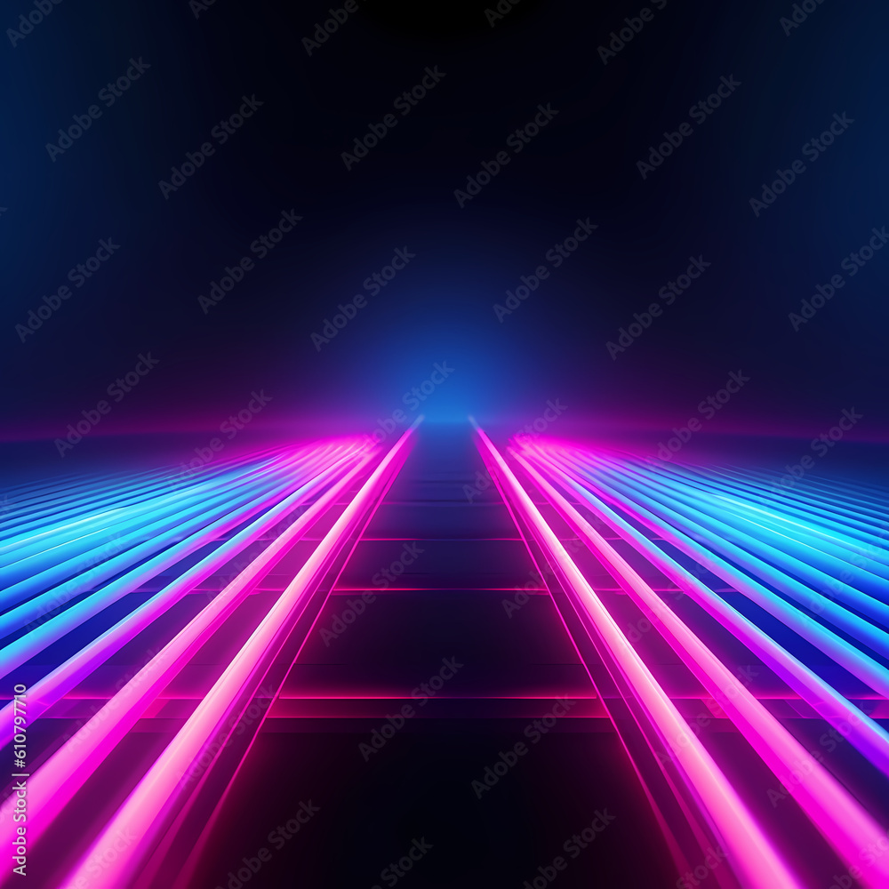 3D Neon Lights on a black background with space, rendering, neon beams ...