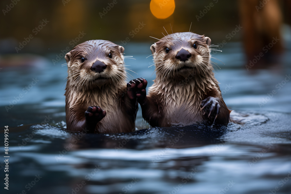 Otters Holding Hands While Floating in Water, High Five, 3D Stock ...