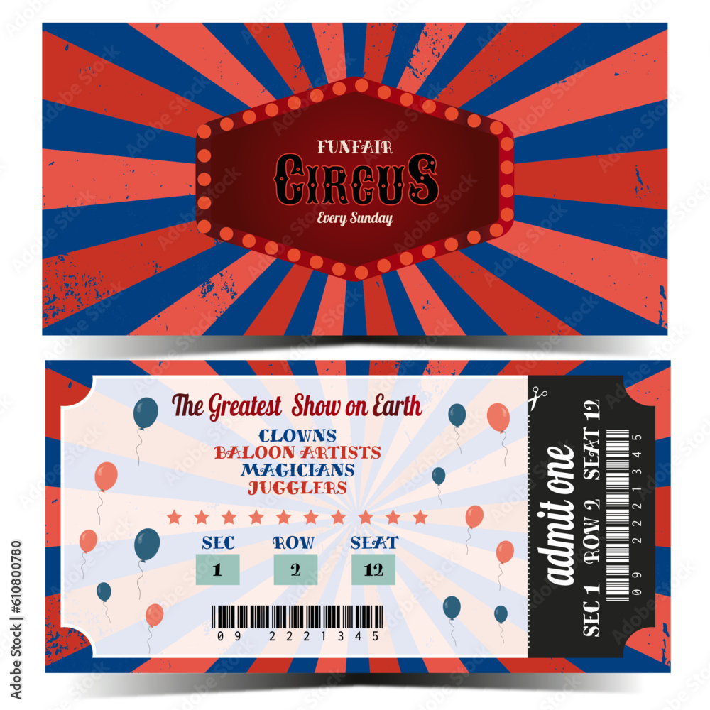 Circus ticket templates in red and blue. Front and back. Carnival ...