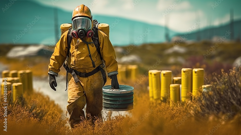 Chemical worker carrying canisters with hazardous materials generated ...