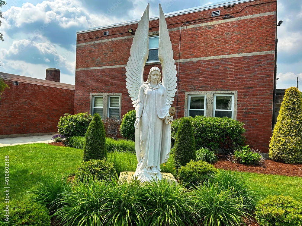 Holy Close Up of Monument Solemn White Winged Angel Statue with ...