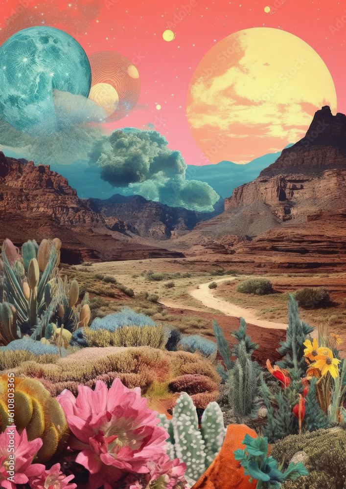 Minimalistic collage cut of planets, desert, canyon, flowers and red ...