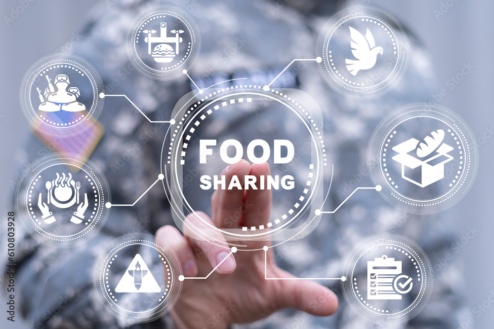 Soldier peacemaker using virtual touch screen presses inscription: FOOD ...