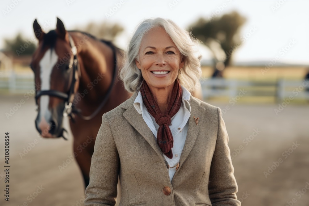 Portrait of a smiling mature woman standing with her horse on a ranch ...