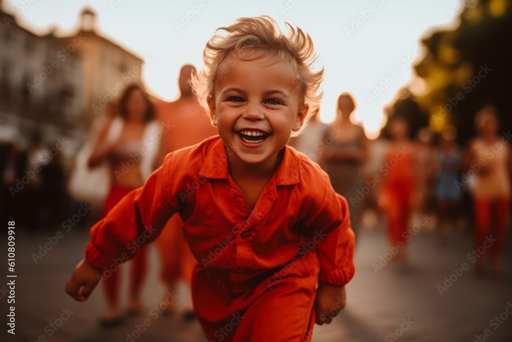 Medium shot portrait photography of a grinning child male that is ...
