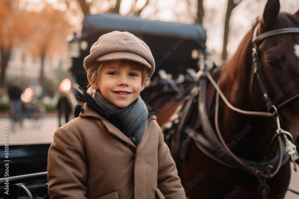 Portrait of a cute little boy in coat and hat with a horse in a ...