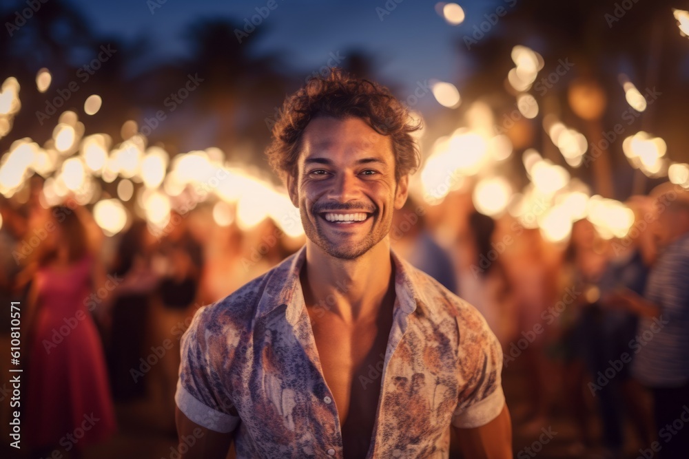 Portrait of smiling man standing at music festival on beach at night ...