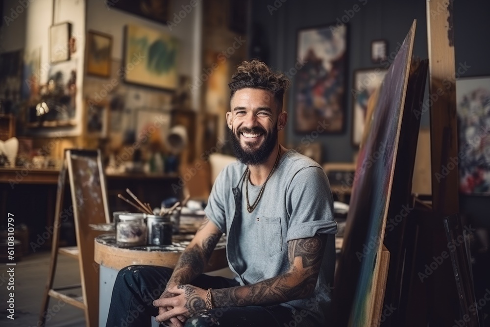 Portrait of a jovial 35 year old man in his painting studio, artist and ...