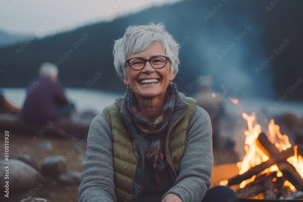 Senior woman sitting near bonfire and smiling at camera in autumn ...