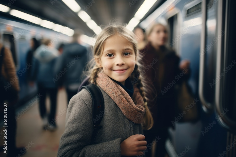 Portrait of a cute little girl in a subway station. Selective focus ...