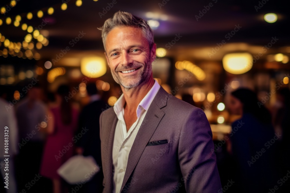 Portrait of handsome man smiling at camera in bar counter at nightclub ...